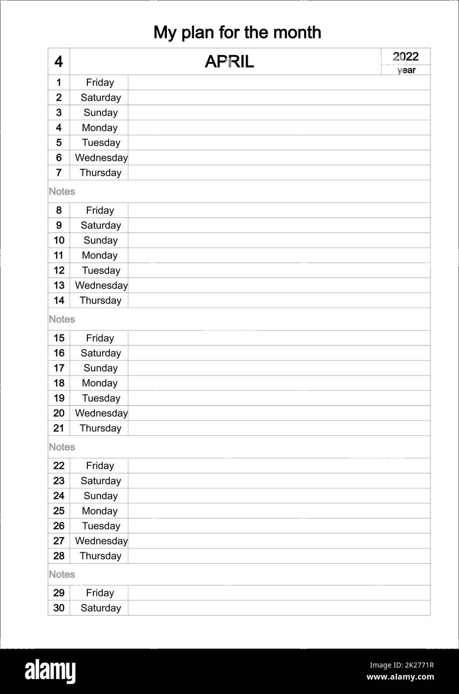 Calendar template for April 2022 year. Planner diary in minimalism ...