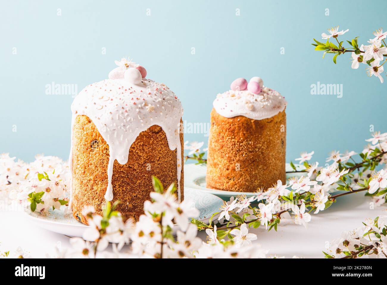 Easter cake with glace icing and decoration. Postcard with Easter bread ...