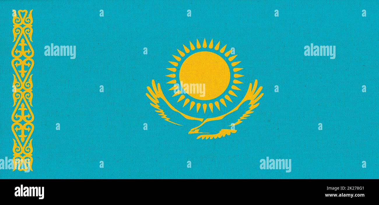 flaflag of Kazakhstan. National Kazakh flag on fabric surface. Fabric ...