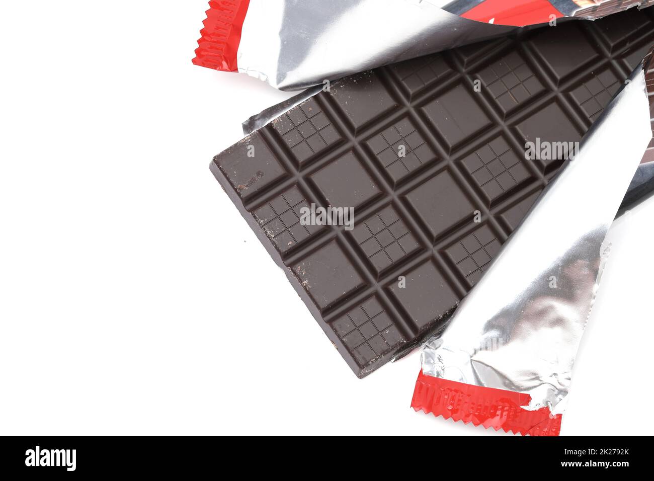 Dark chocolate bar with break package isolated on white background ...