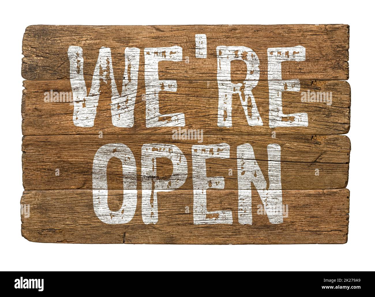Wooden retro sign on a white background - We are open Stock Photo - Alamy