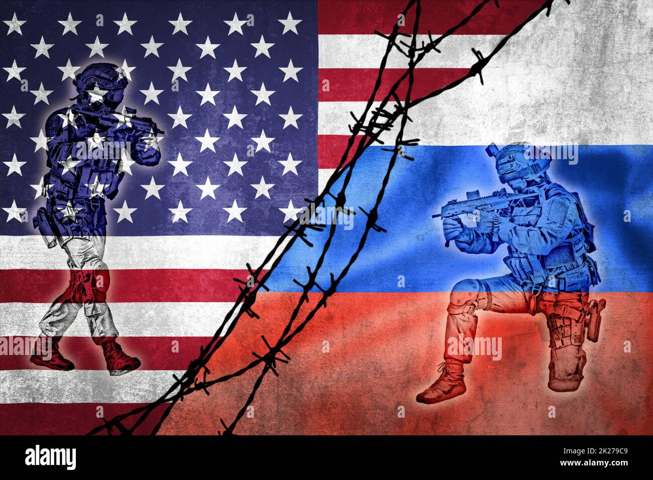 Grunge flags of Russian Federation and USA divided by barb wire with ...