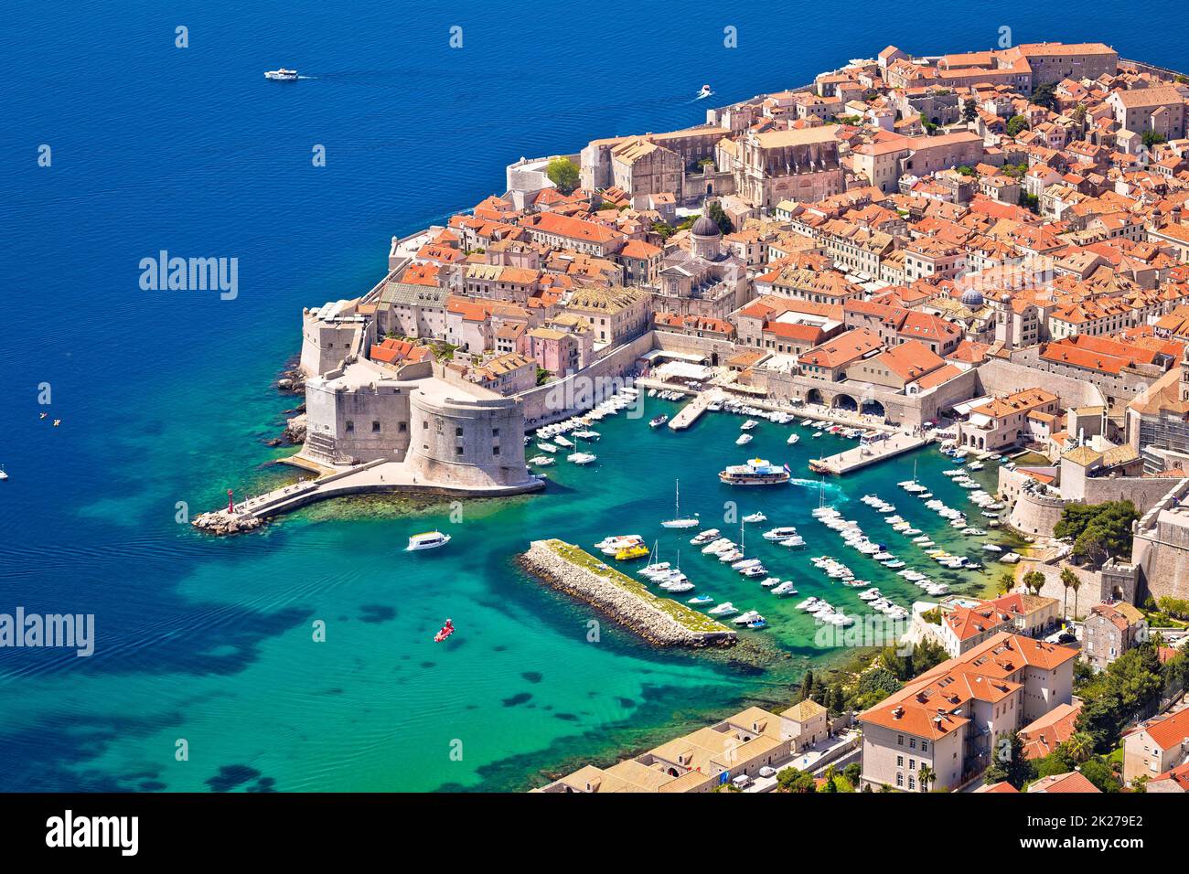 Dubrovnik. Aerial view of Dubrovnik historic harbor and defense walls ...