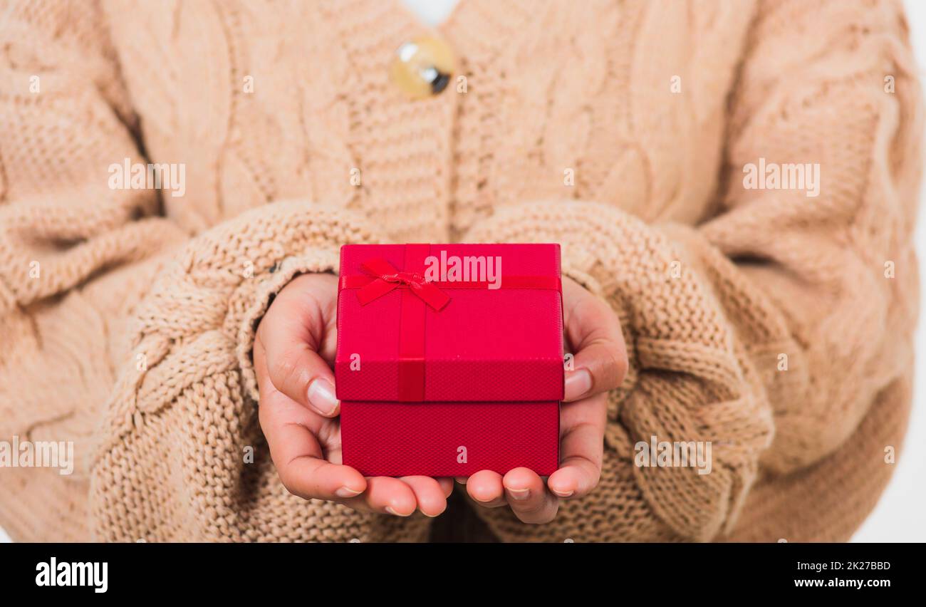 Woman beauty hands holding small gift package box present Stock Photo ...