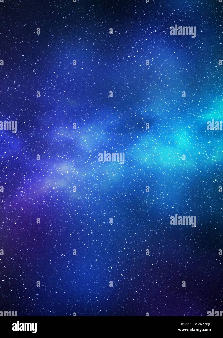 Night starry sky and bright blue green galaxy, vertical background ...
