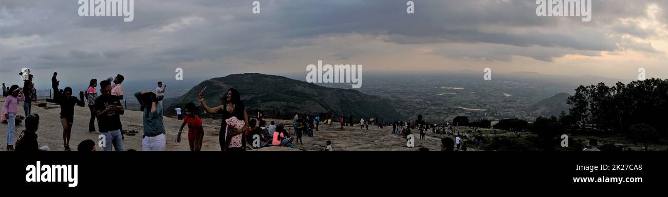 Nandi hills, Karnataka,India-May 22 2022: Tourists enjoying the ...