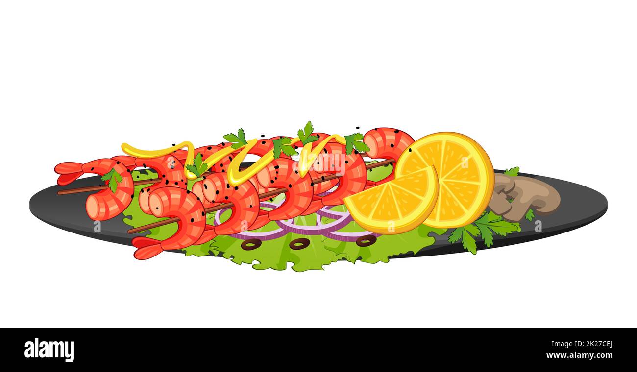 Realistic cooked fried shrimp with salad white background - Vector ...