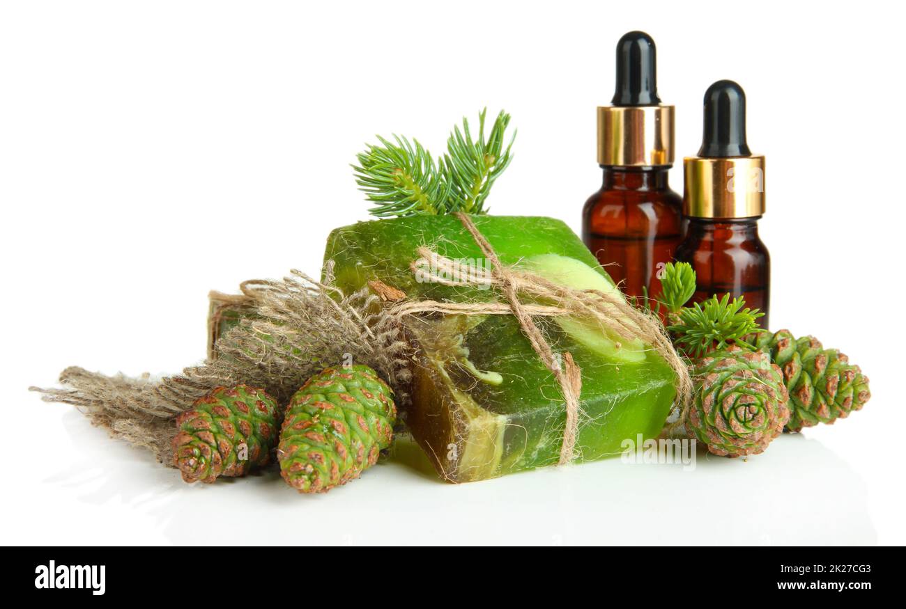 Hand-made soap and sea salt on grey bamboo mat Stock Photo - Alamy