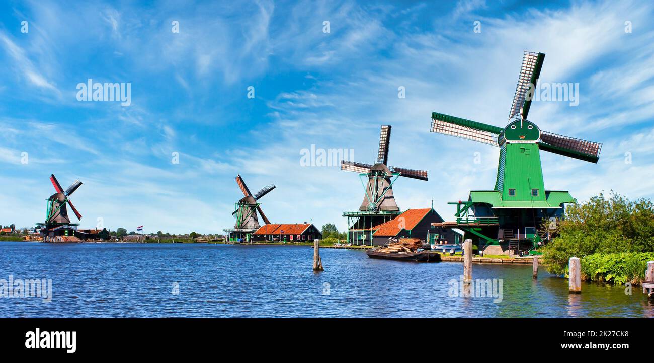 Dutch windmill in green countryside close to Amsterdam, Netherlands ...