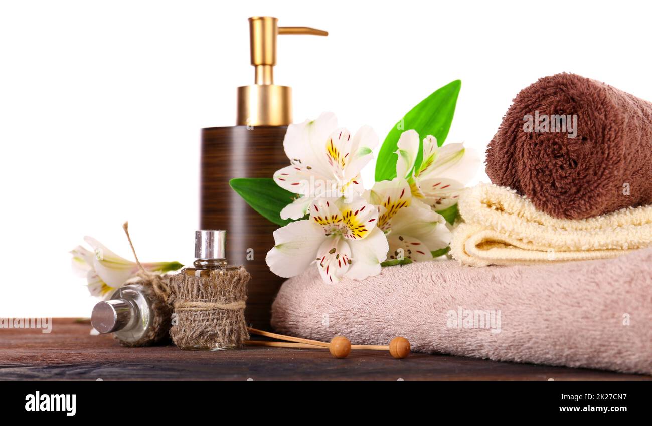Hand-made soap and sea salt on grey bamboo mat Stock Photo - Alamy