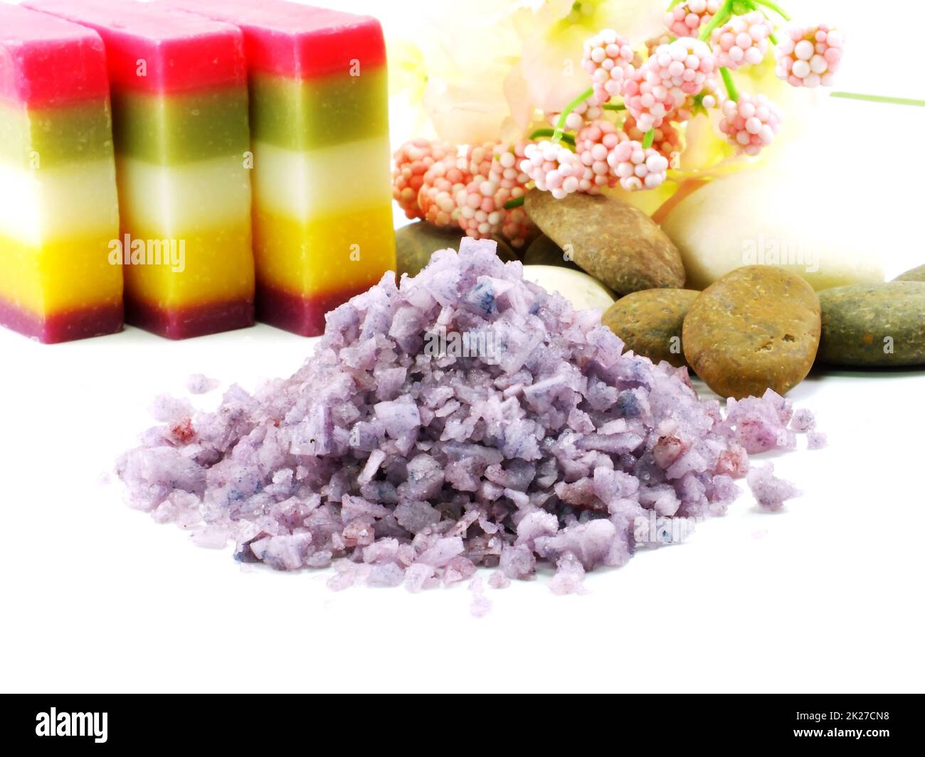 Hand-made soap and sea salt on grey bamboo mat Stock Photo - Alamy