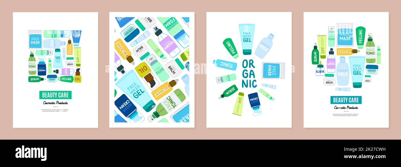 Set of cover templates with organic cosmetic products. Backgrounds with ...