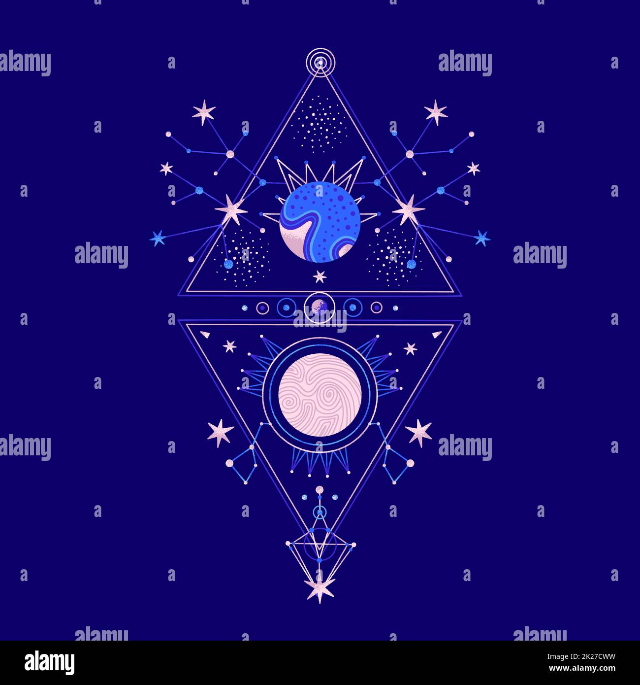 Mysterious space composition of planets, triangles, stars. Vector ...