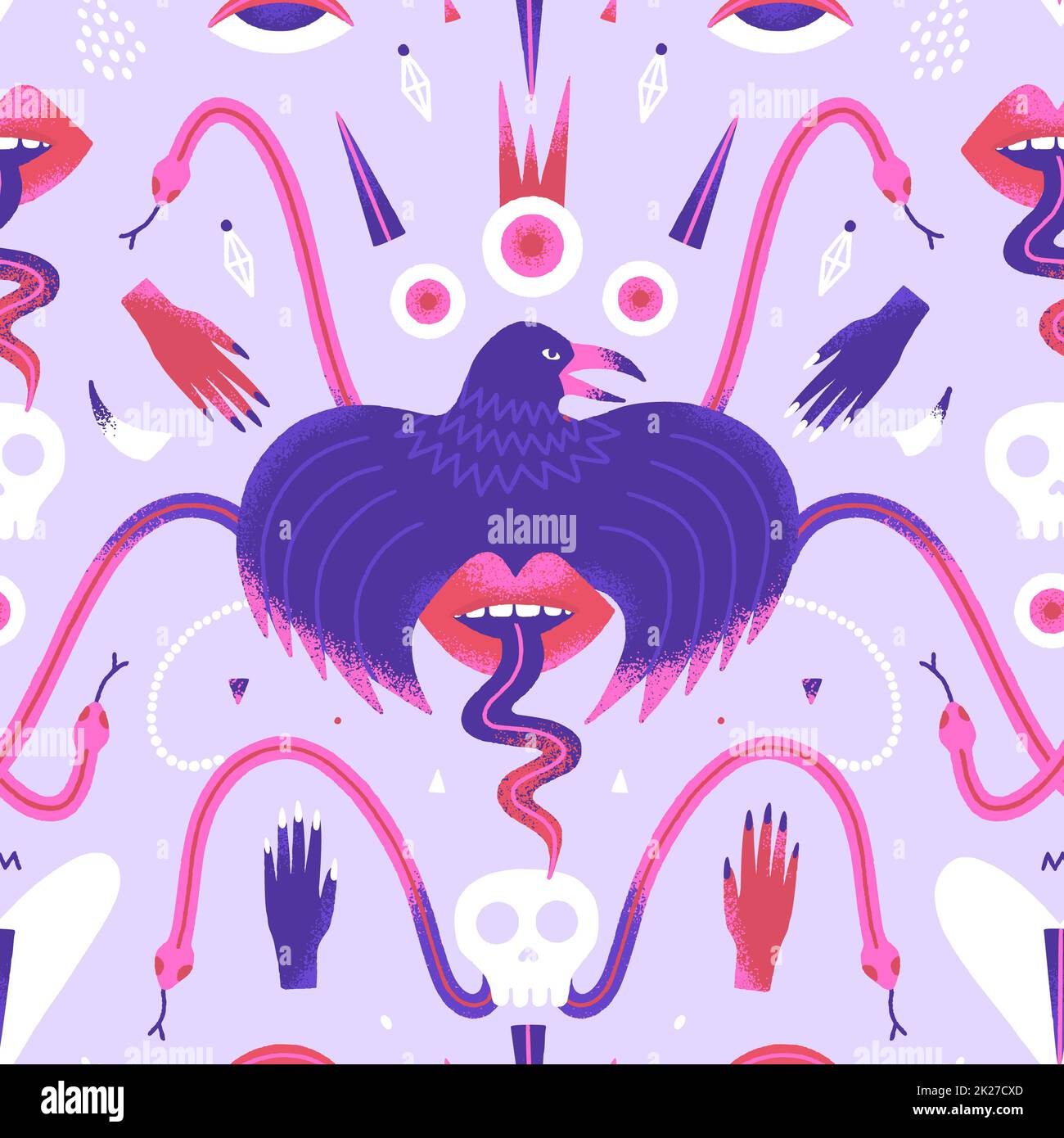 Seamless pattern with crow, snakes, eyes, hands, skulls. Contemporary ...