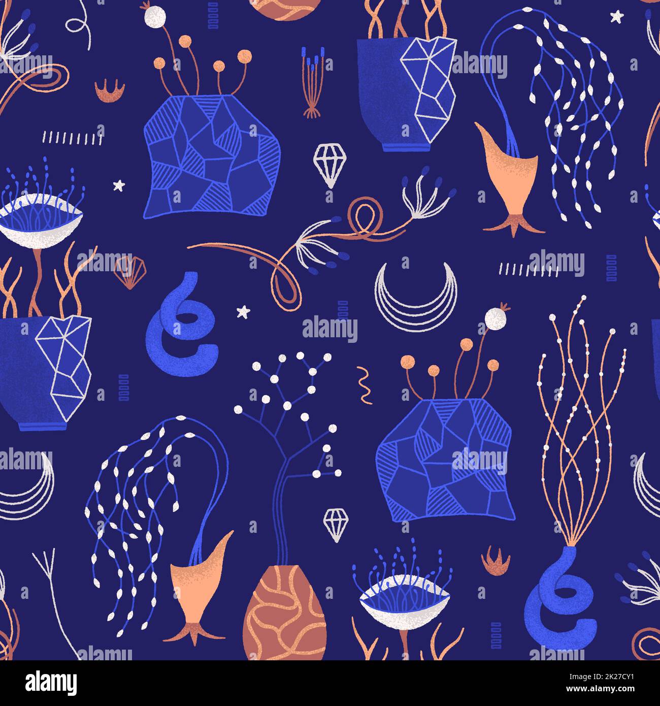 Vector floral seamless pattern. Mysterious cosmic flowers in vases ...