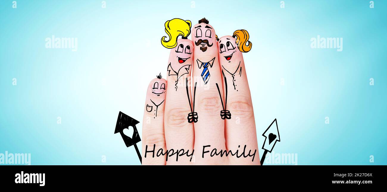 Finger puppets of loving parents with young child hugging and having ...