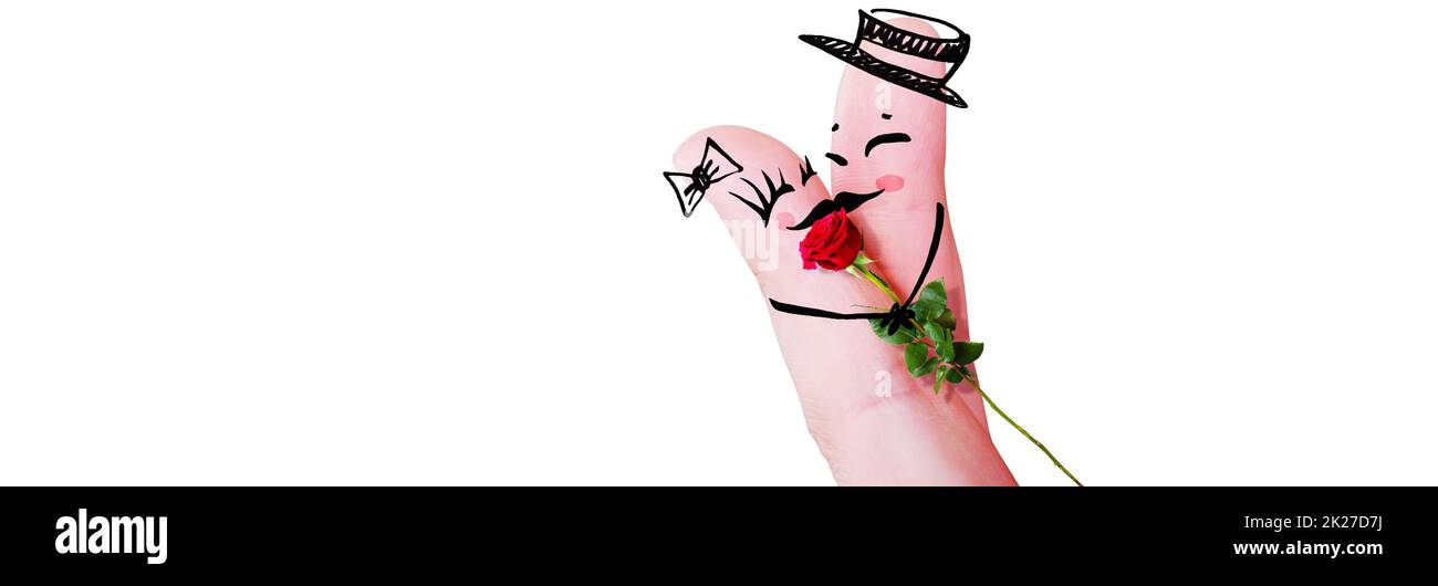 Happy finger couple in love with red rose. 3d illustration Stock Photo ...
