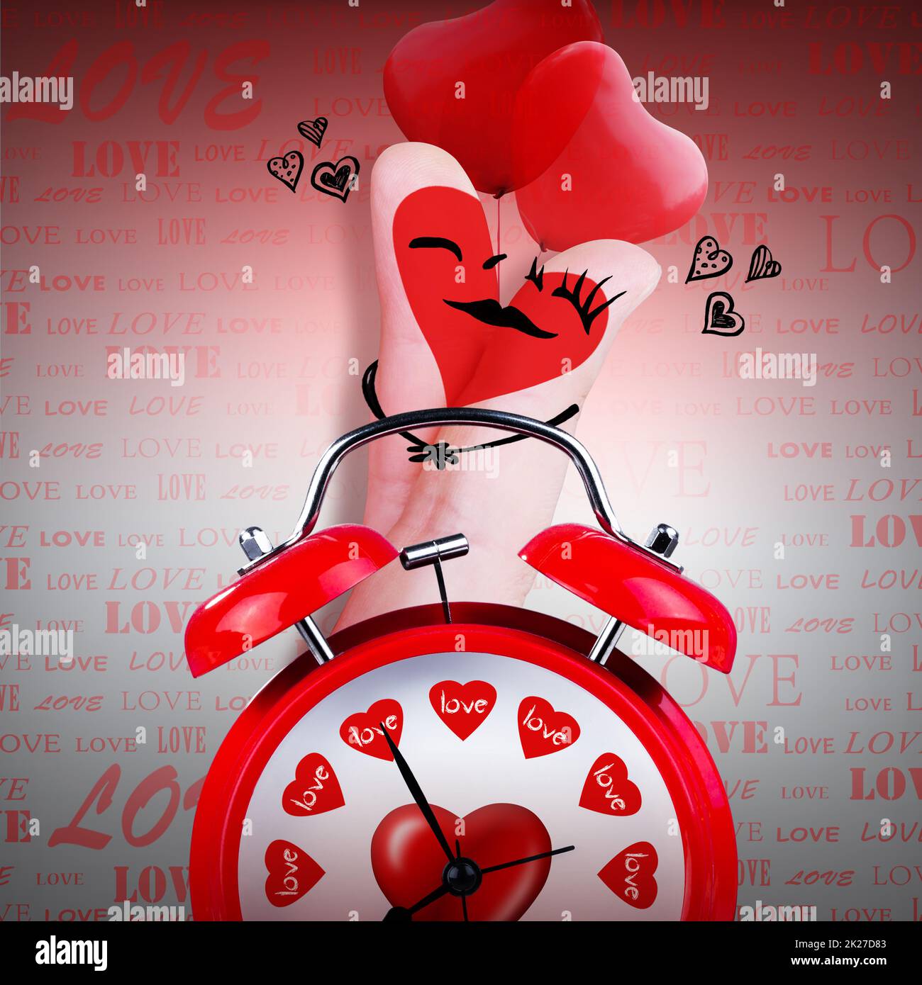 Happy finger couple in love with alarm clock. 3d illustration Stock ...