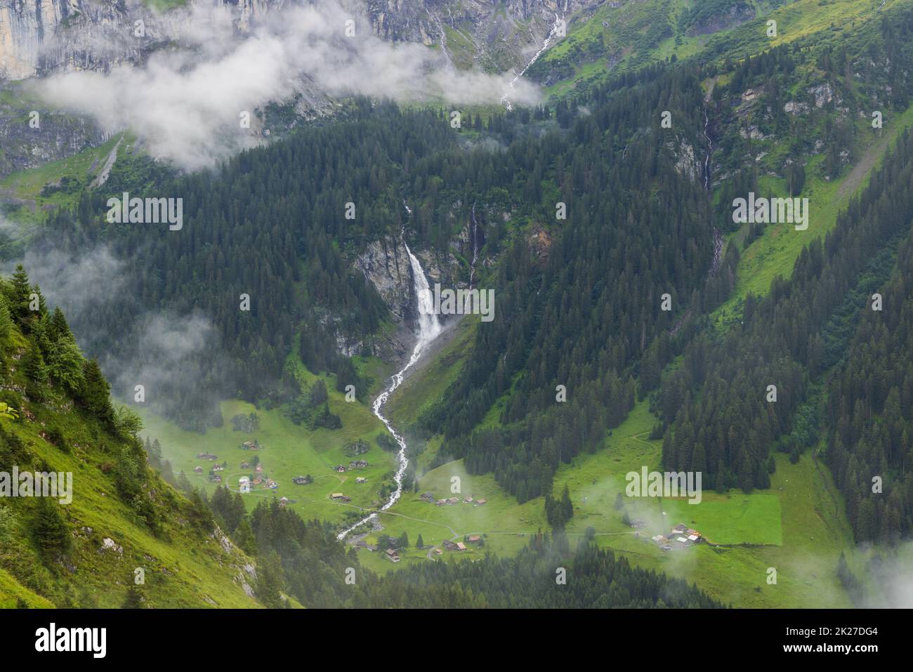 Typical alpine landscape with waterfalls (Niemerstafelbachfall), Swiss ...