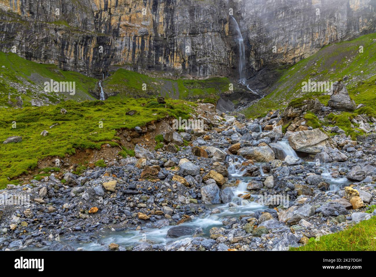 Typical alpine landscape with waterfalls, Swiss Alps near ...