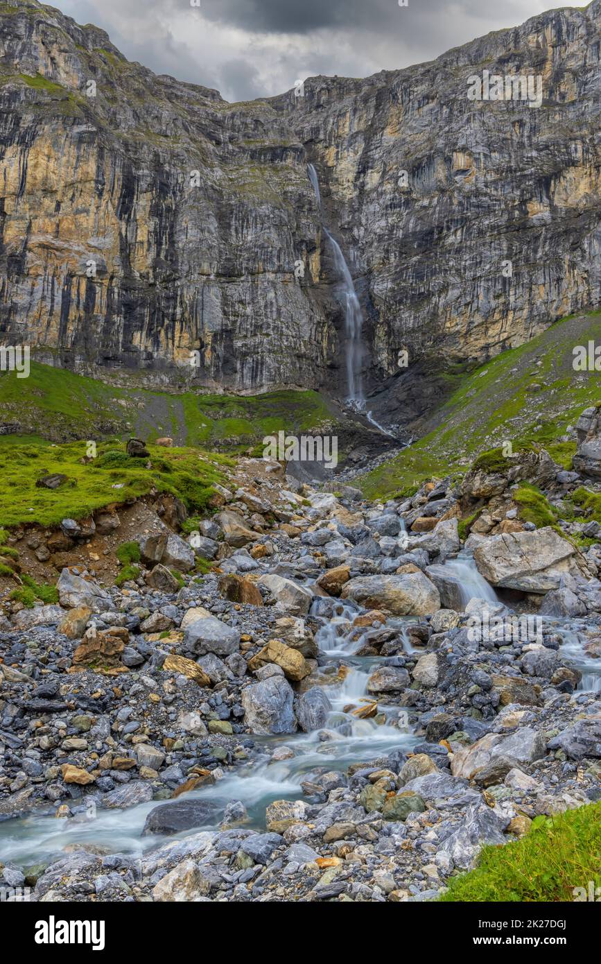 Typical alpine landscape with waterfalls, Swiss Alps near ...