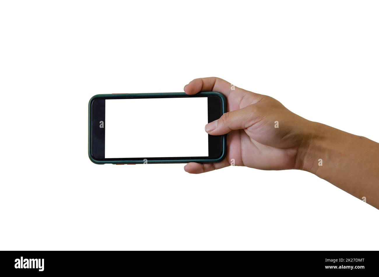 Hand holding a smartphone on a white background. White blank phone ...