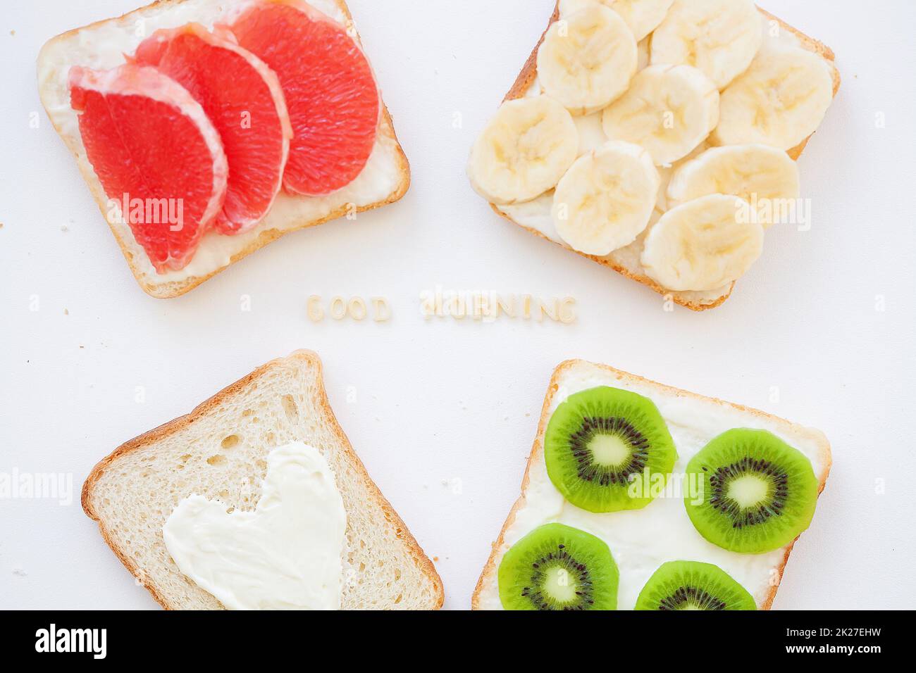 bright mix sandwiches for breakfast fruit, vegetables, fish inscription ...