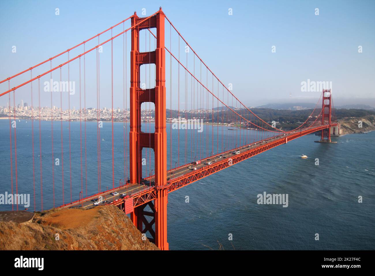 Close up of a pillar of the red Golden Gate bridge in San Francisco ...