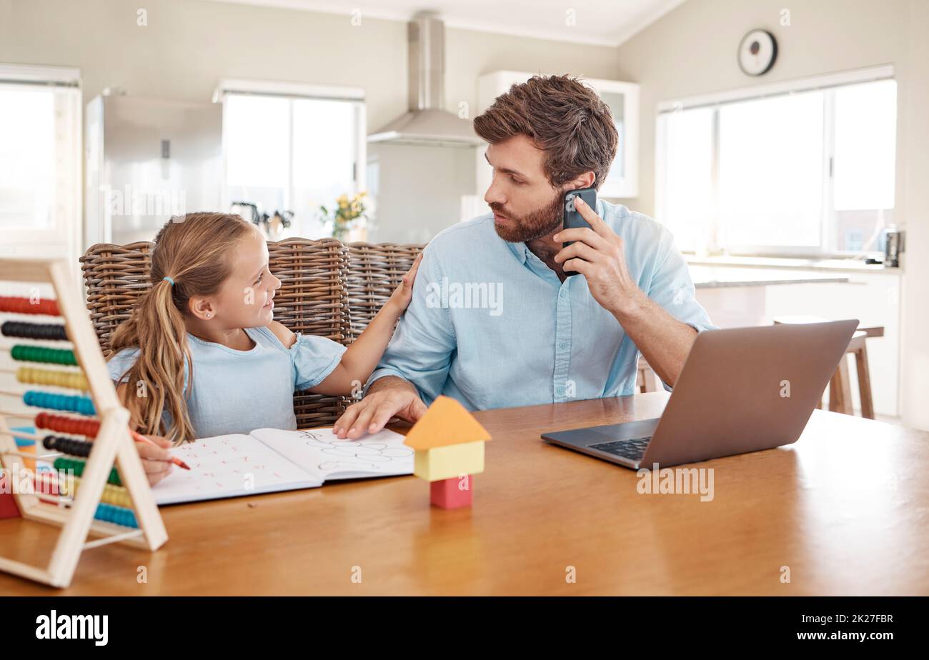 House, kid study and working dad using phone doing child care and remote work. Family home of a ...