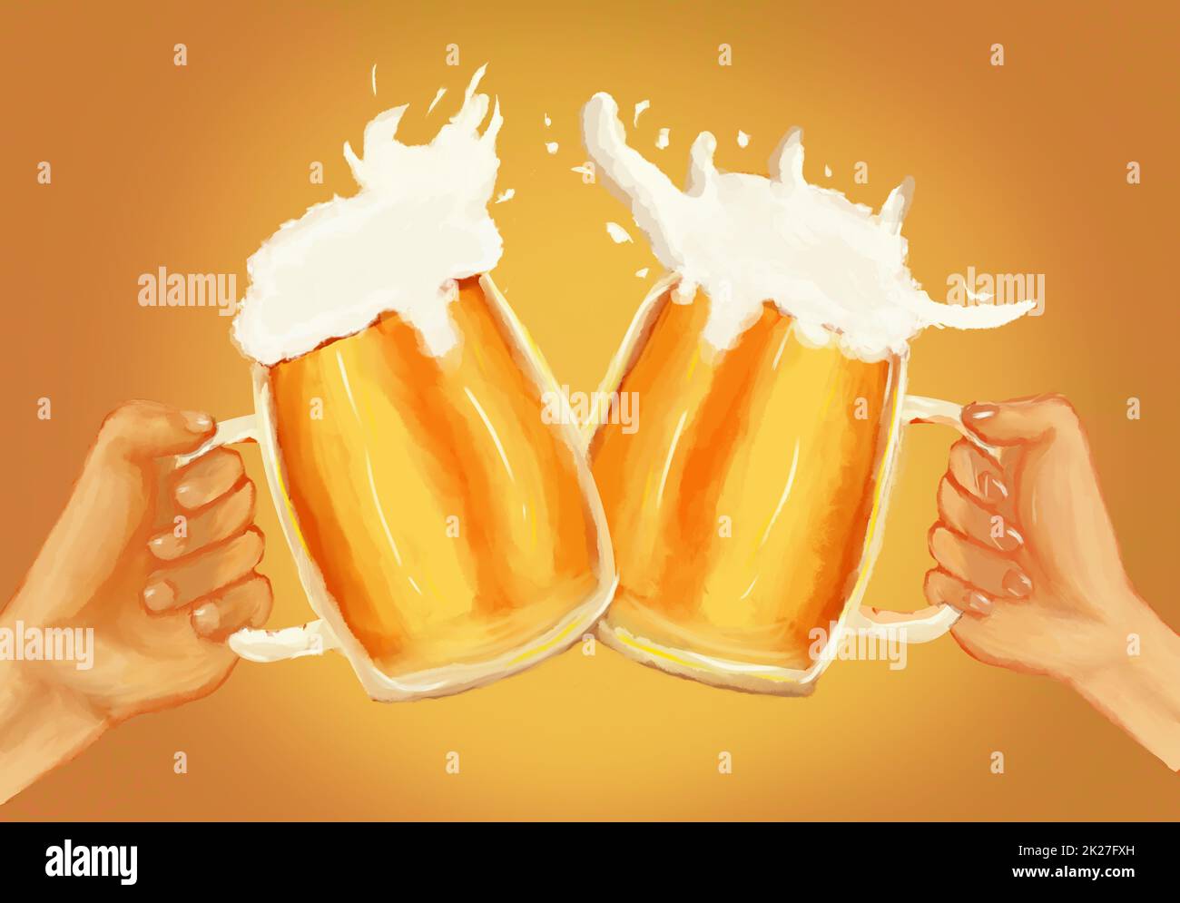 Two People Celebrates And Holding Golden Beer Cups While Foams Are ...