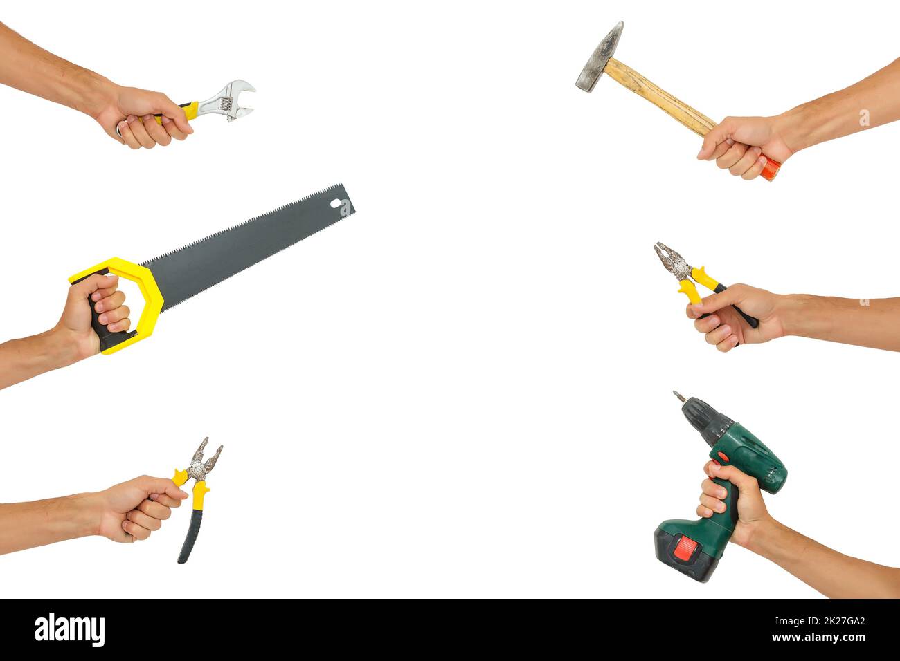 Hands holding construction tools isolated on white background. Banner ...