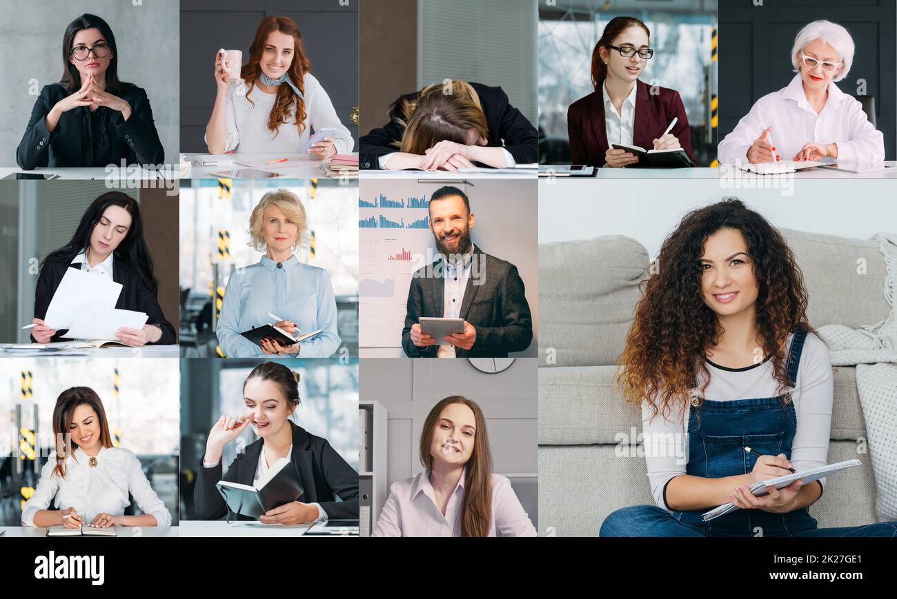 Group web chat. Video conference. Internet communication. Collage of ...