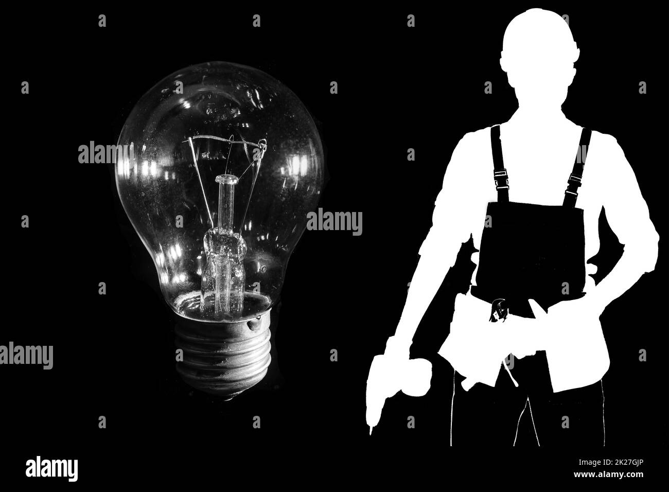 Stock image of male construction worker, light bulb Stock Photo - Alamy