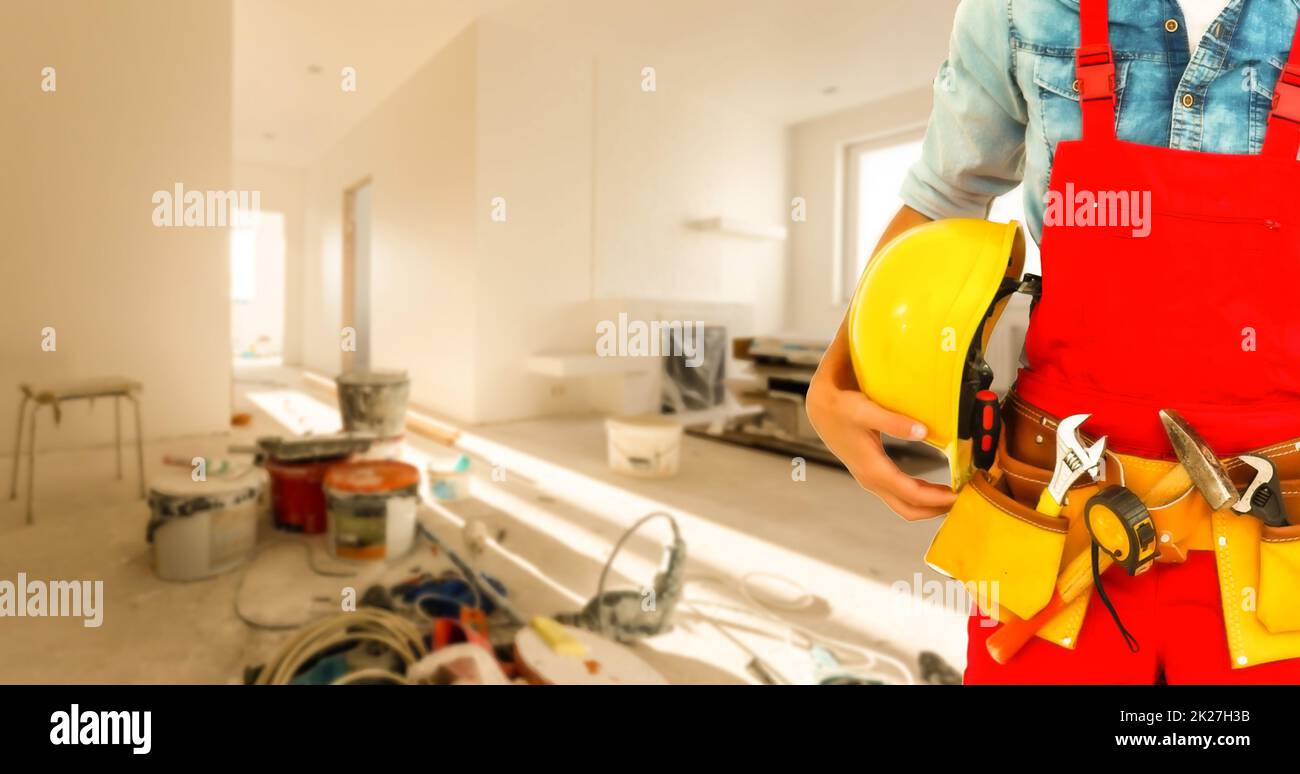 Worker and professional builder with tools Stock Photo - Alamy