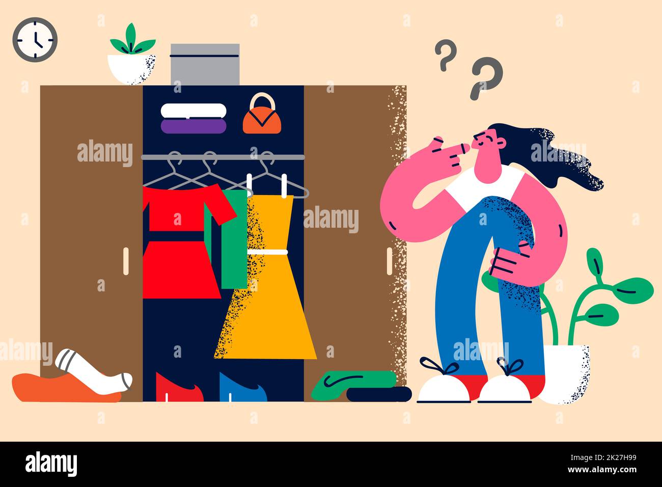 Pensive woman look in wardrobe thinking about clothes Stock Photo - Alamy