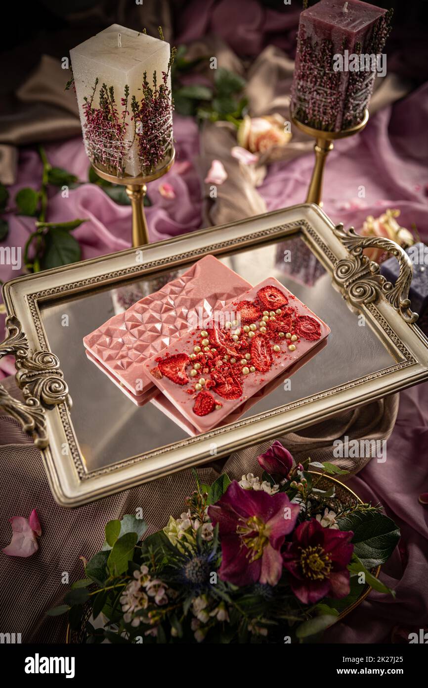 Chocolate bars with lyophilized strawberry Stock Photo - Alamy