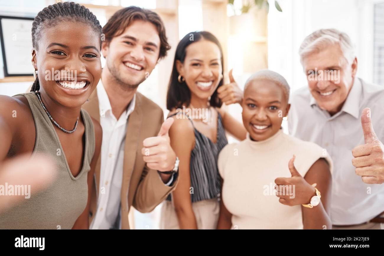 Diversity business people and thumbs up selfie for success, trust and thank your sign for global ...