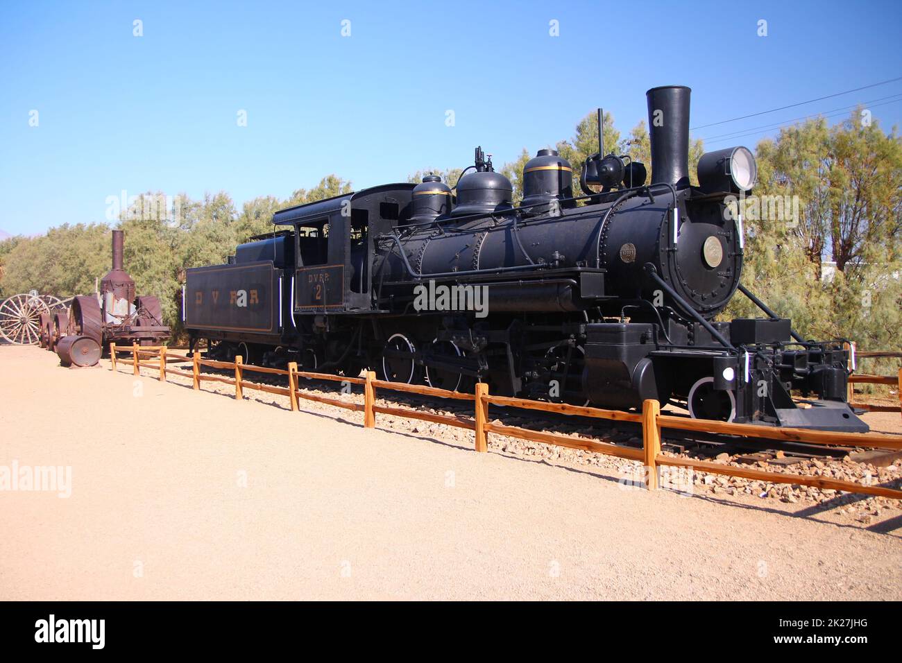 The traditional black locomotive of the gold rush in the Death Valley ...