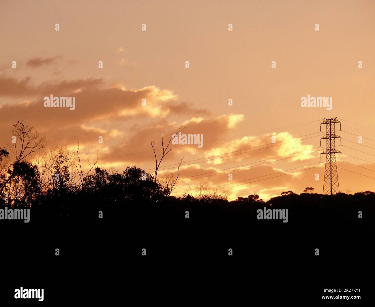 Power lines at sunset in the Blue Mountains of Australia Stock Photo ...
