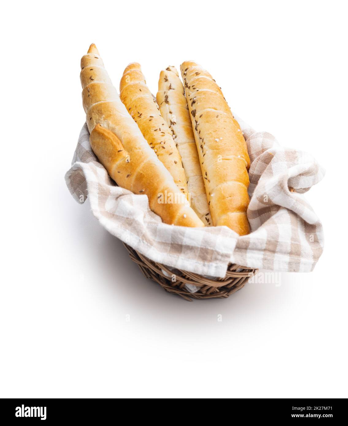 Baked croissant in basket. Crispy bun roll isolated on white background ...