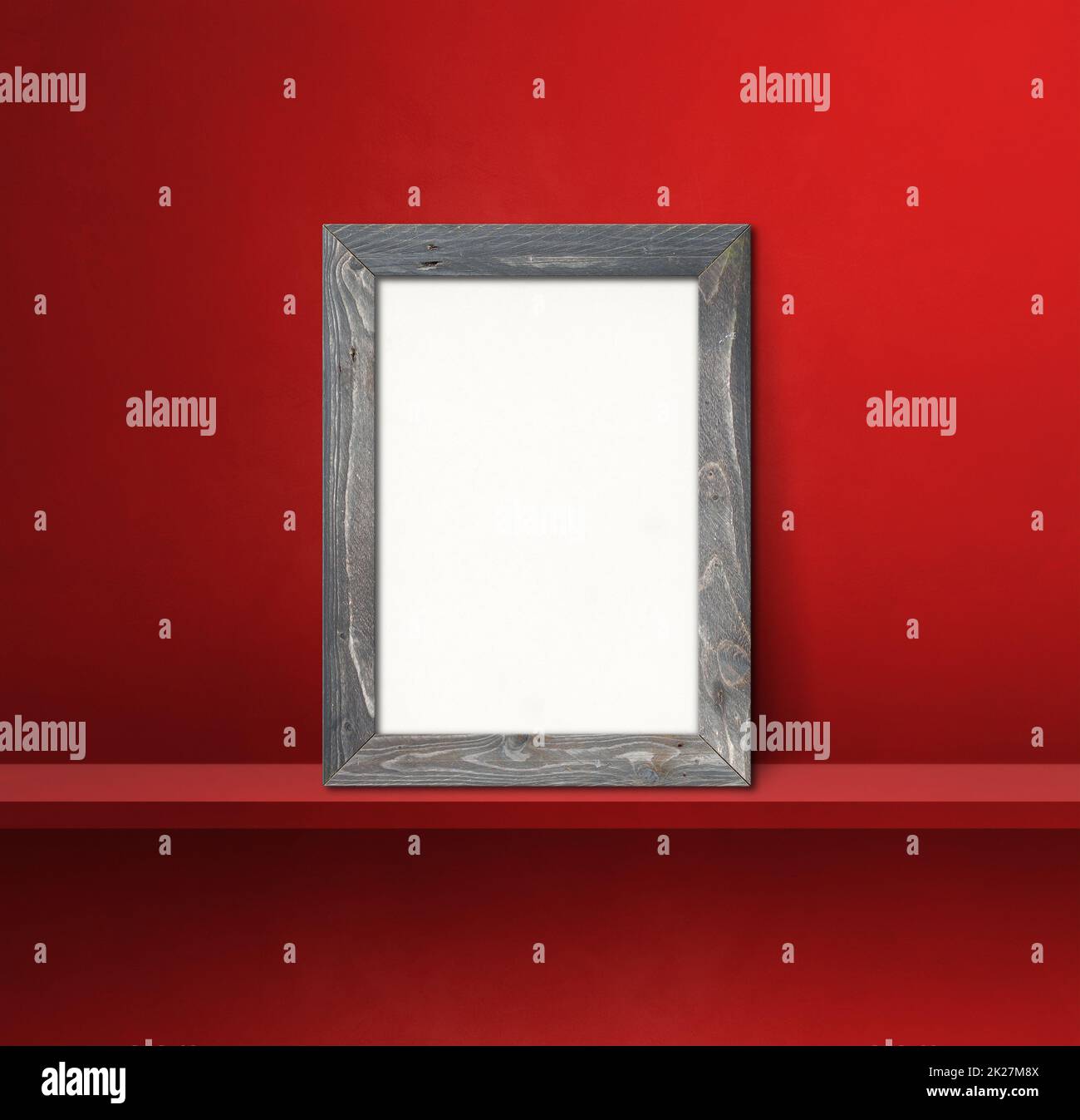 Wooden picture frame leaning on a red shelf. 3d illustration. Square ...