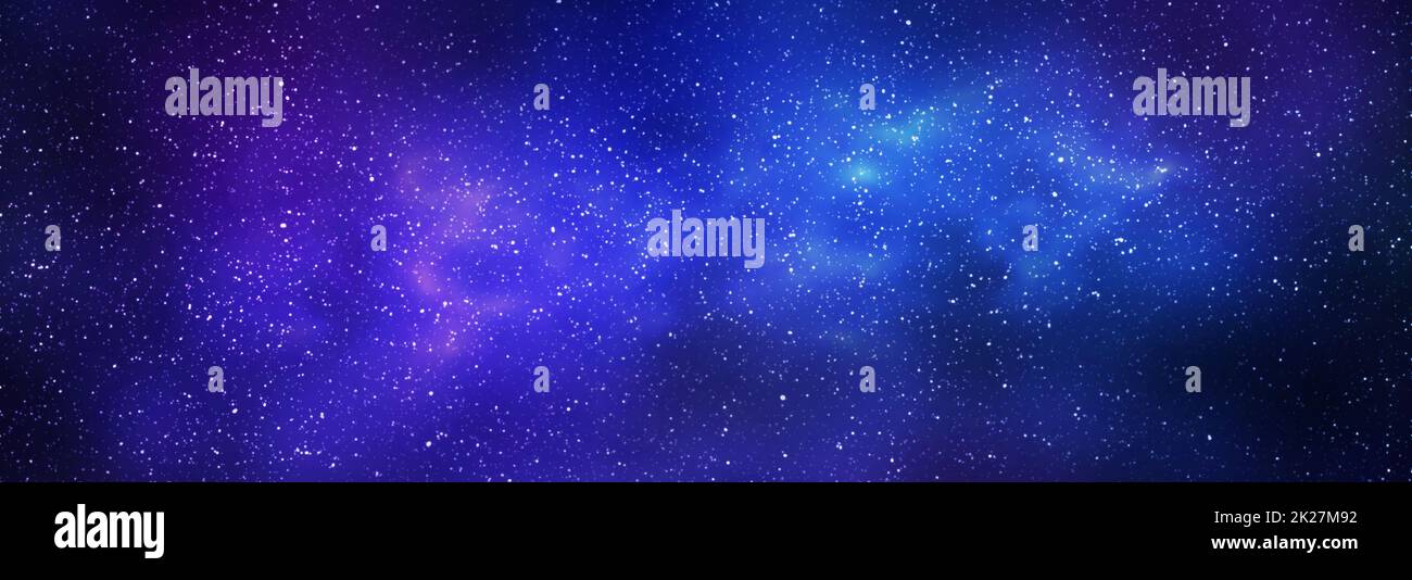 Night starry sky and bright blue galaxy, horizontal background banner ...