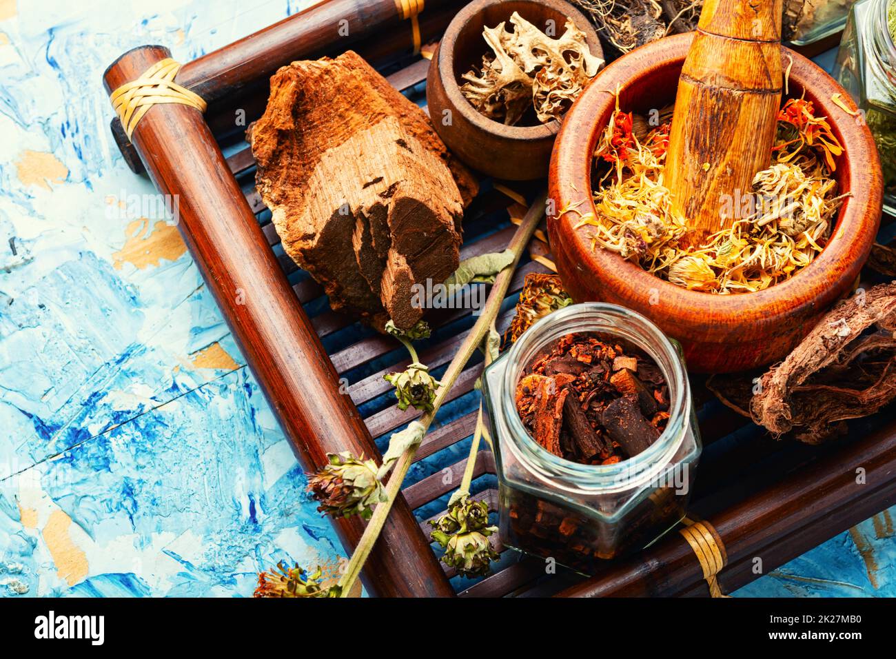 Tray with healing herbs Stock Photo - Alamy