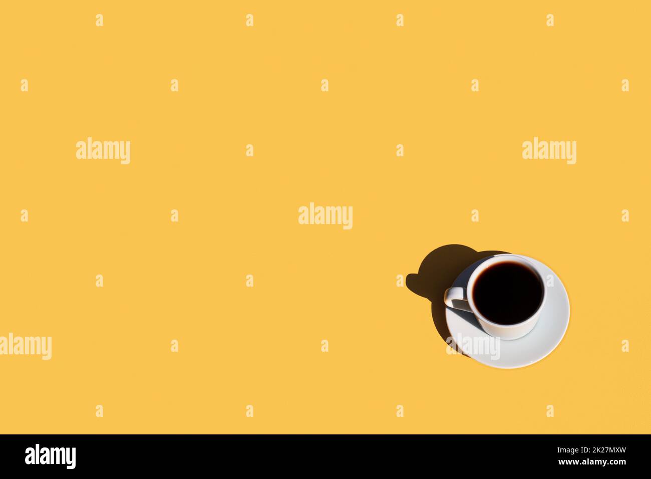 Top view on white coffee cup with plate and shadow. Yellow terracotta ...