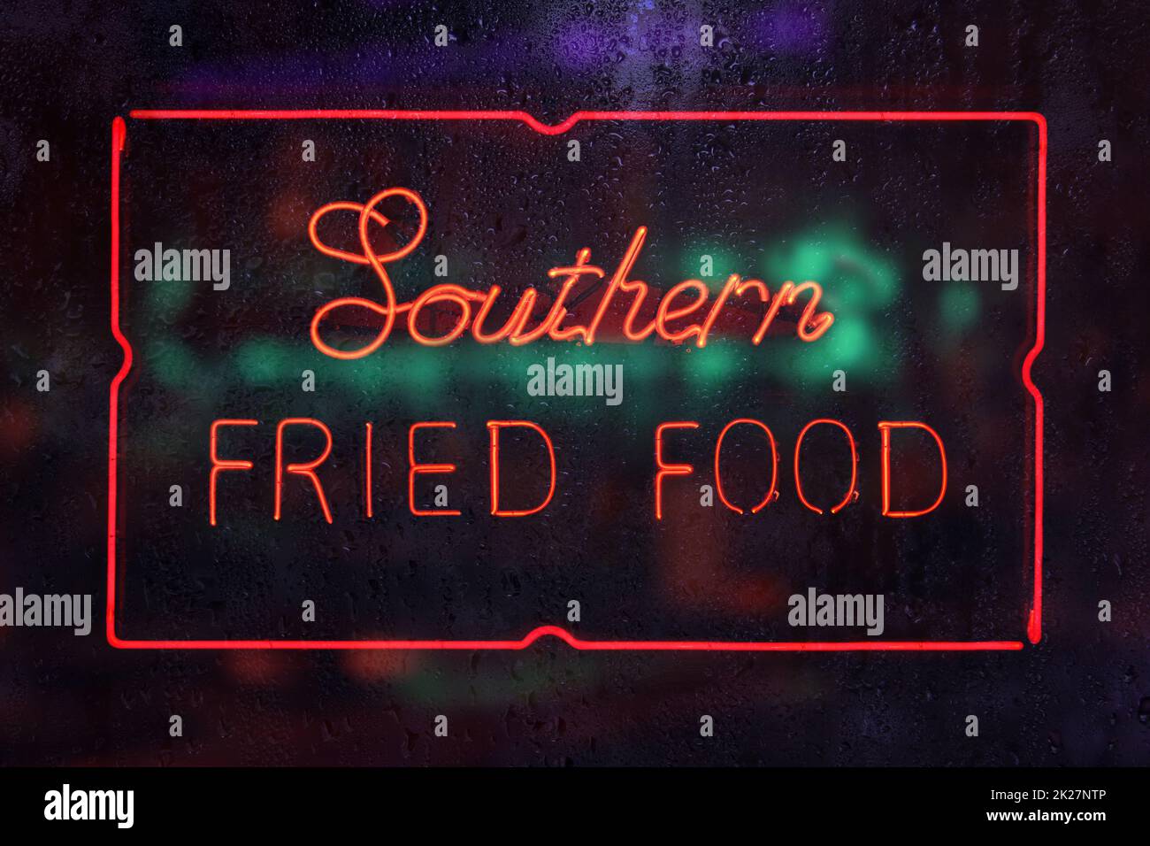 Southern Fried Food Neon Sign in Rainy Window Stock Photo - Alamy