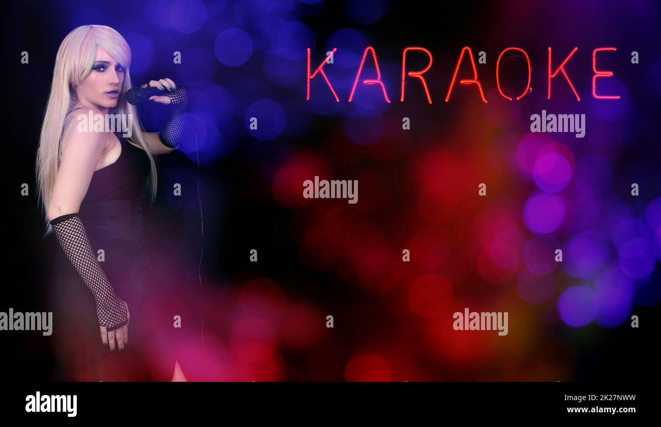 Female Karaoke Singer with 1980s fashion and Neon Sign Stock Photo - Alamy