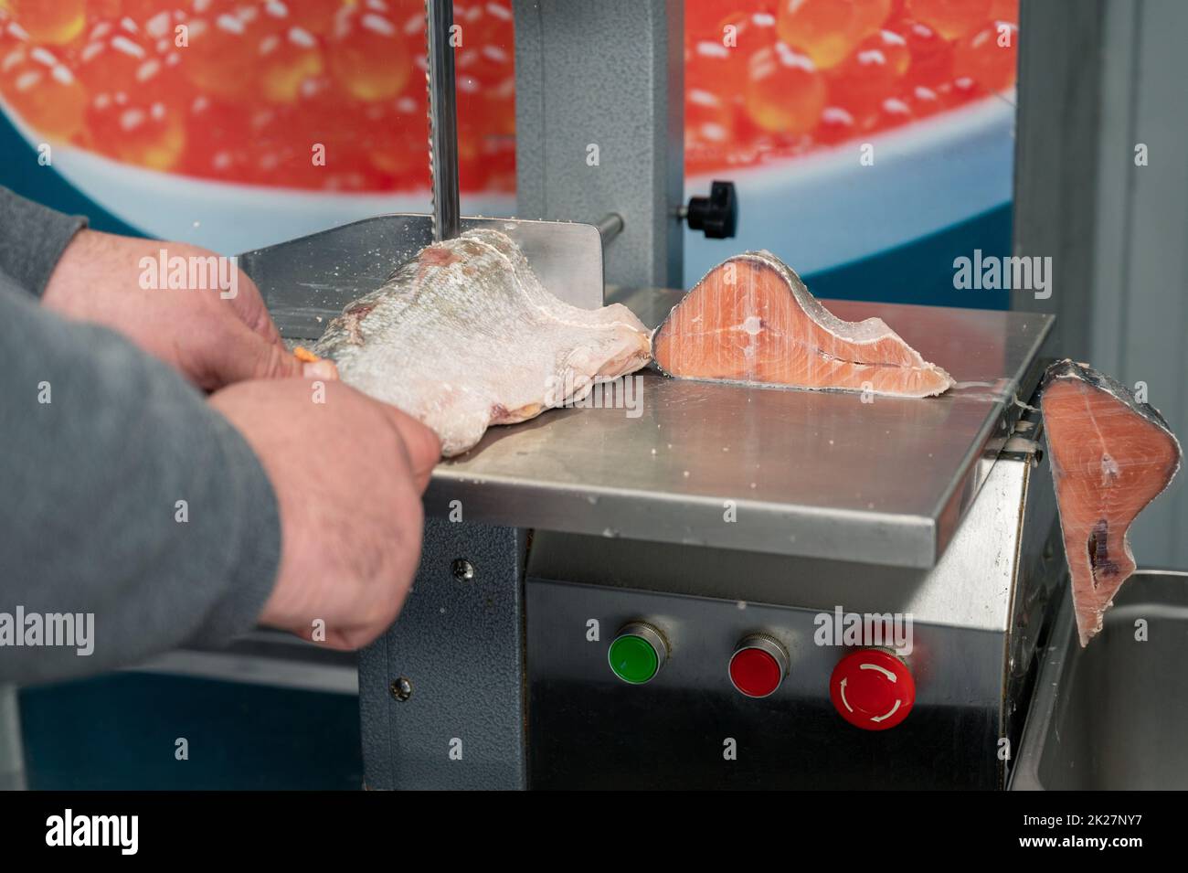 Service for cutting fish on a steak in a fish supermarket Stock Photo ...