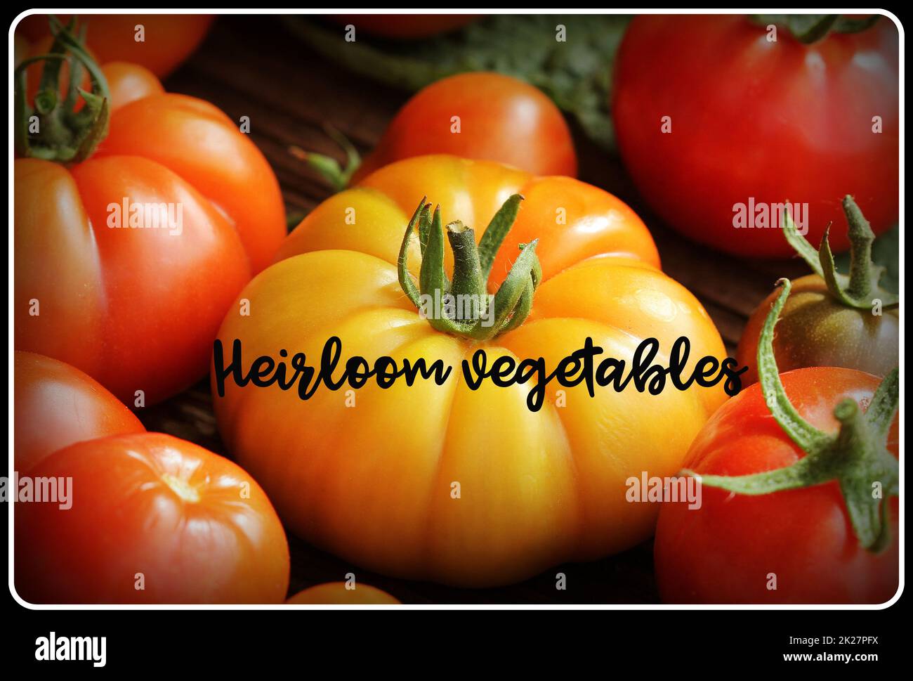 Heirloom variety tomatoes on rustic table. Colorful tomato - red,yellow ...