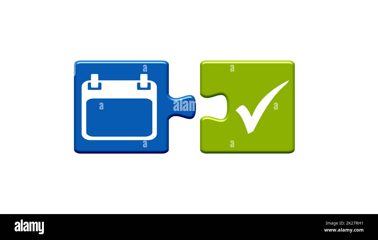 Puzzle pieces blue and green: Calendar and checkmark icon Stock Photo ...