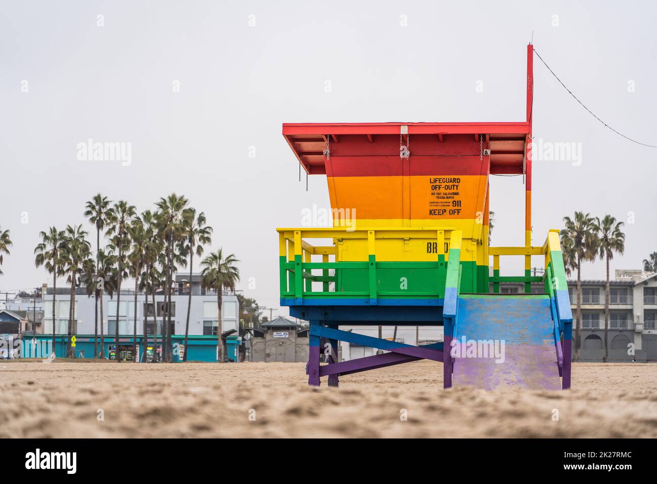 colorful rainbow painted lifeguard tower for Venice Pride at Venice ...